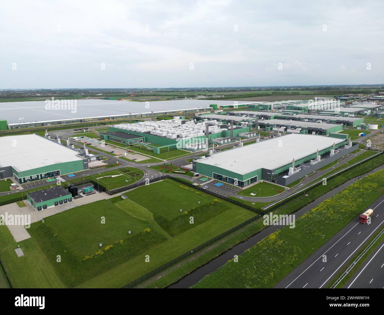 Aerial view of a large datacenter in Noord Holland, The Netherlands ...
