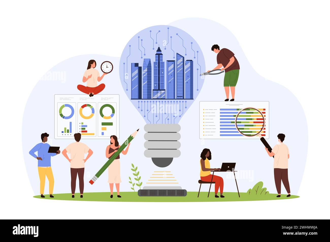 Development of effective smart city system. Tiny people work with ...