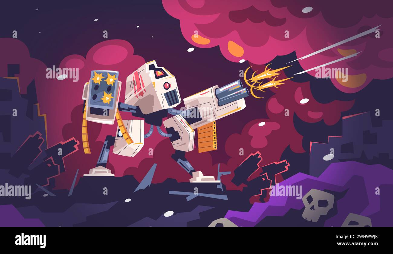 Robot battle. Alien robots war, mech warrior battling future cartoon ...