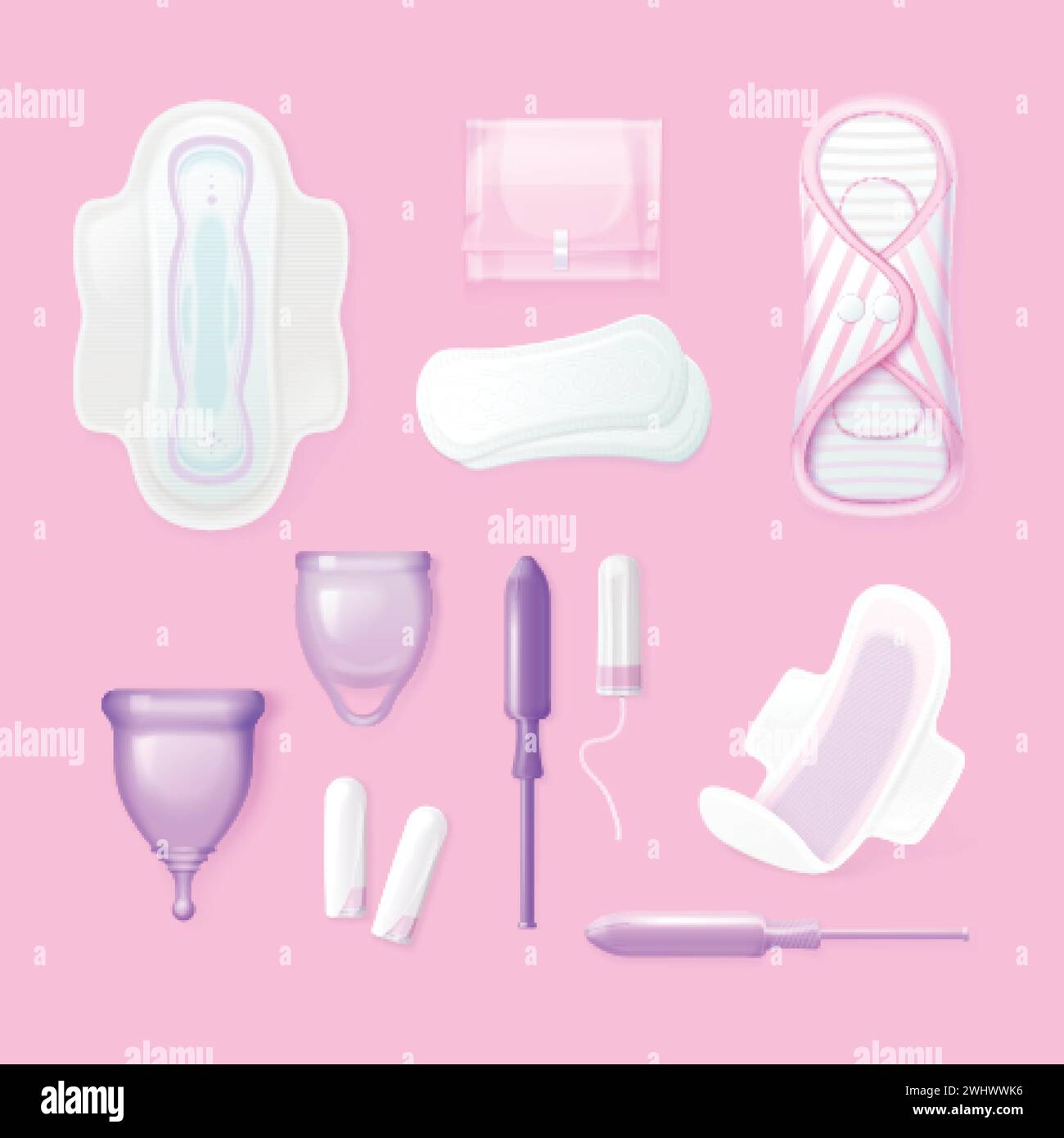 Realistic feminine hygiene products. Women menstrual period 3d hygienic elements, sanitary pads ...