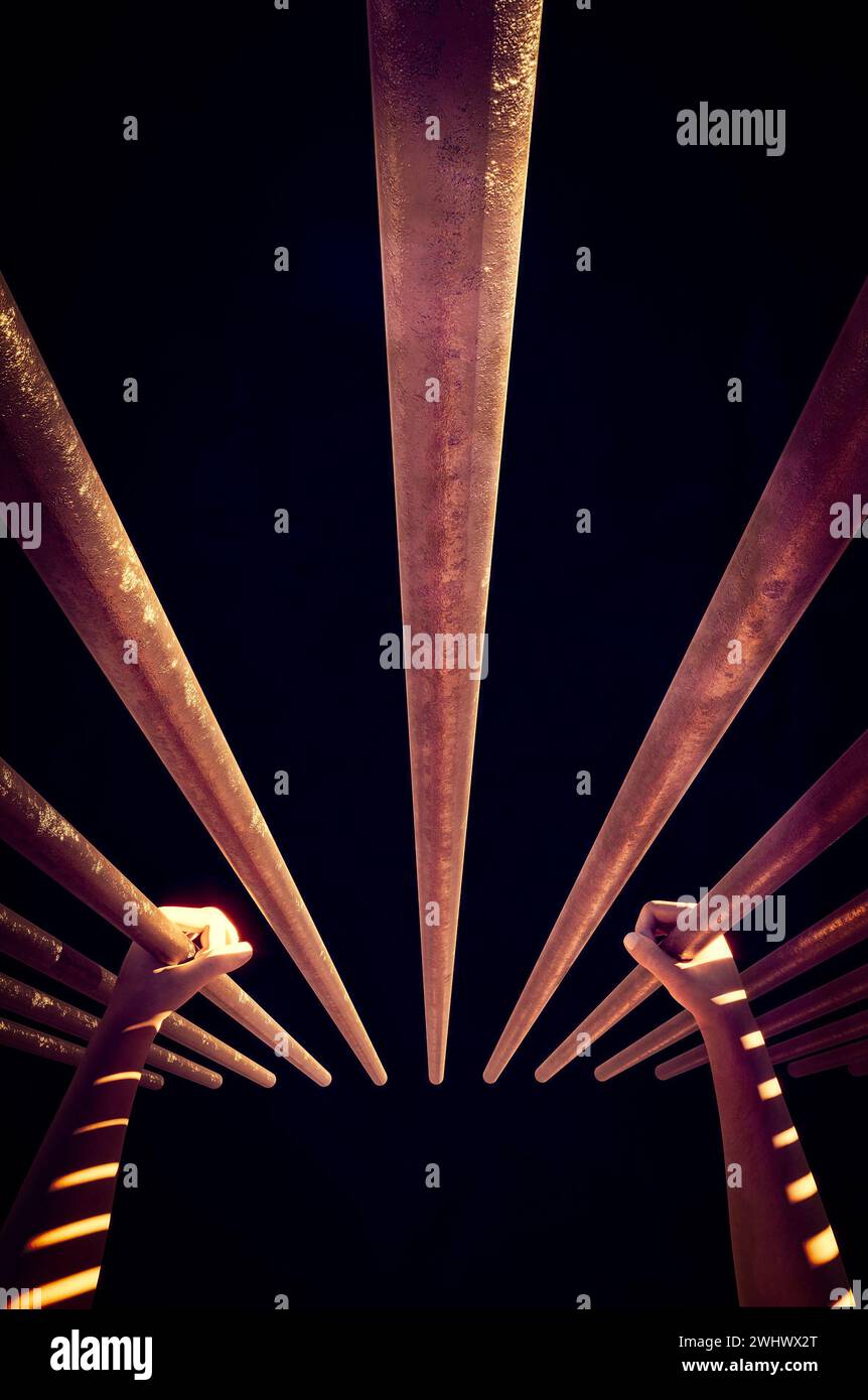 Detention, imprisonment. Prison cell and hands holding the bars. 3d ...