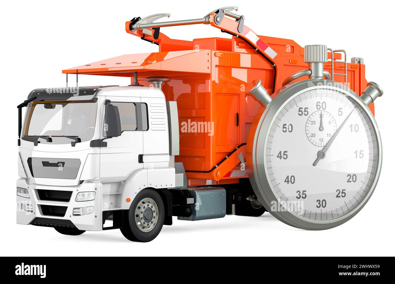 Garbage Truck with stopwatch. Fast service, concept. 3D rendering ...