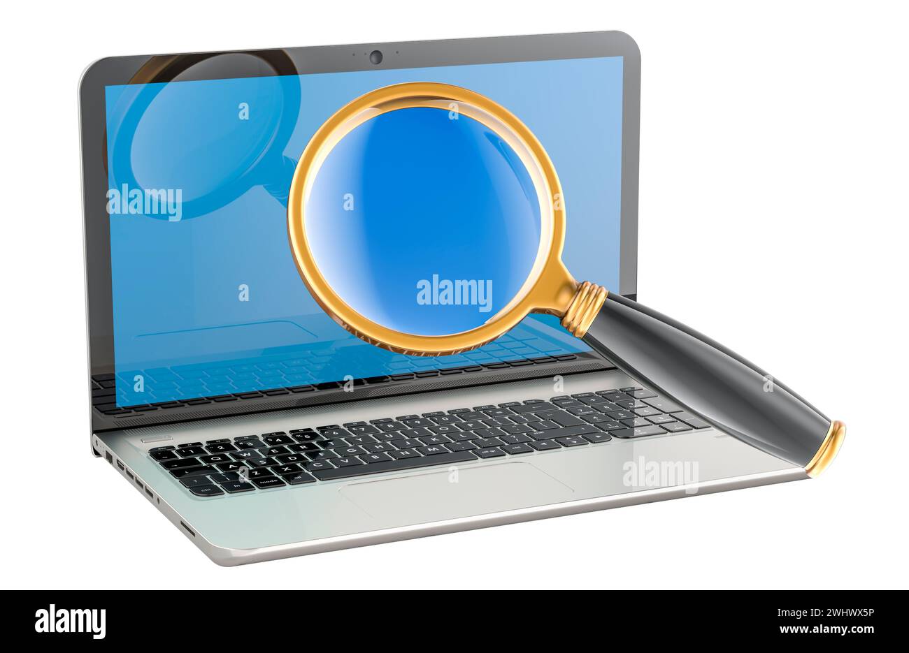 Laptop with magnifier glass, 3D rendering isolated on white background ...