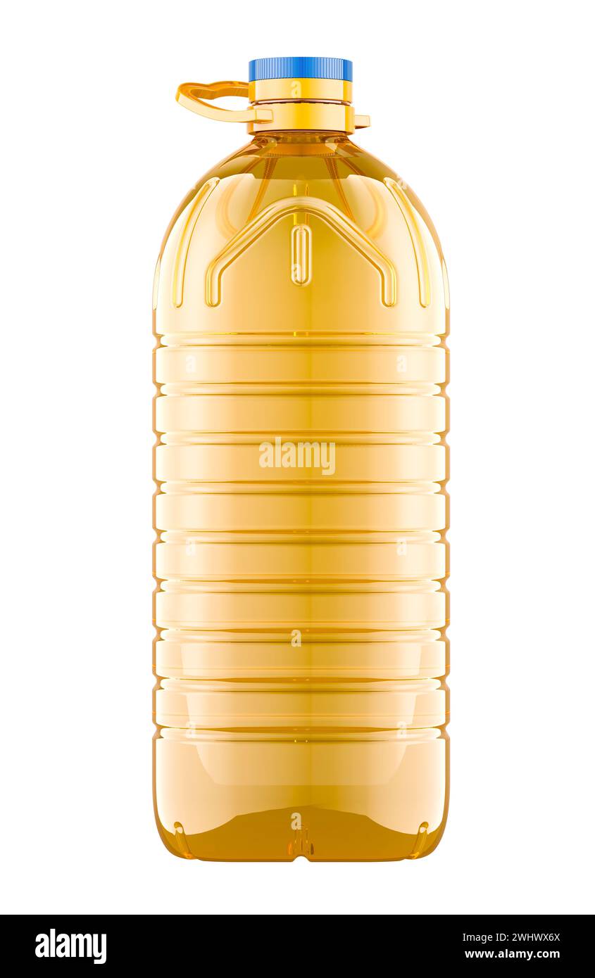 Yellow Oil in big plastic bottle, 3D rendering isolated on white ...