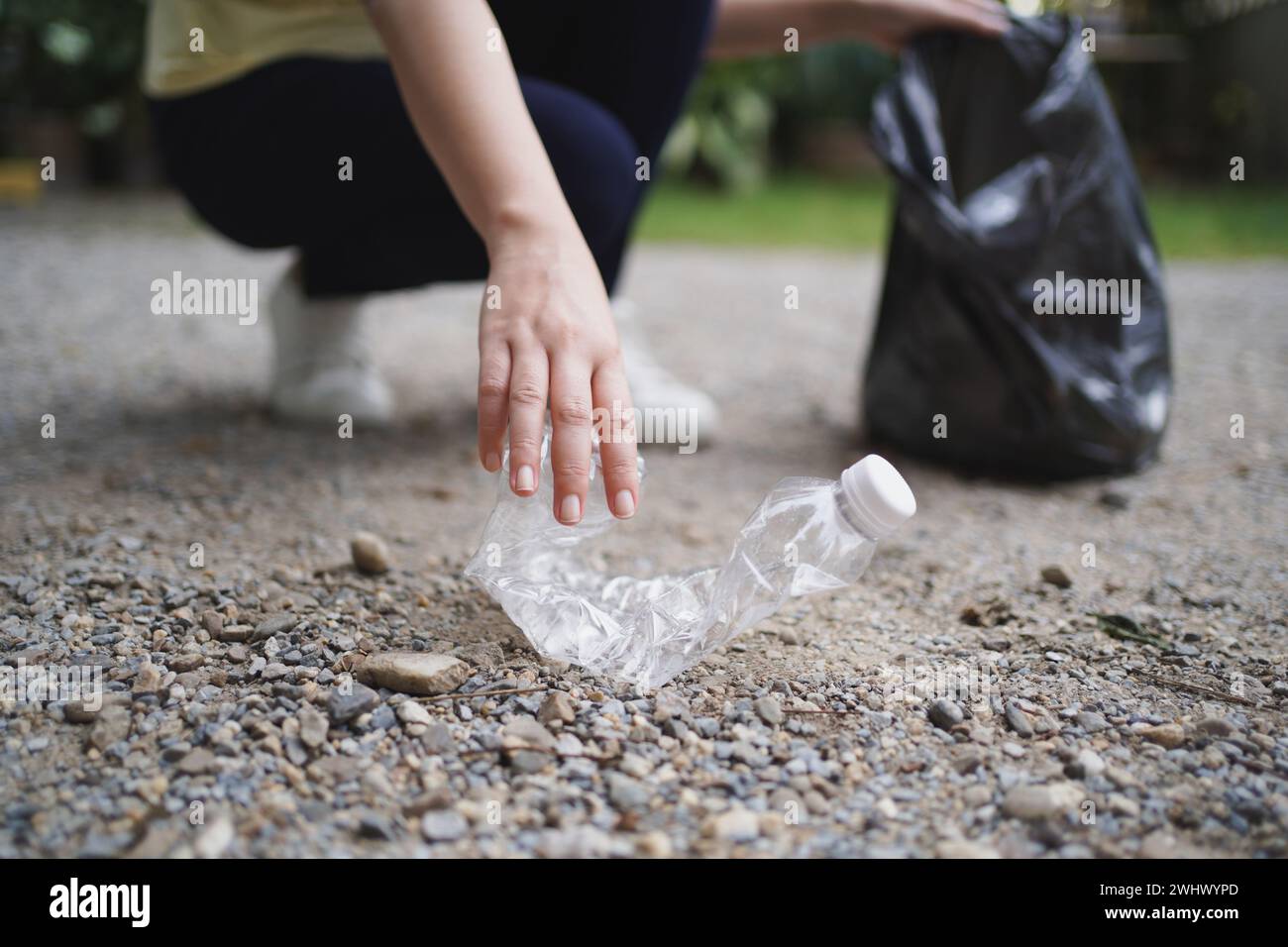Volunteer charity womanÂ hand holding garbage black bag and plastic ...