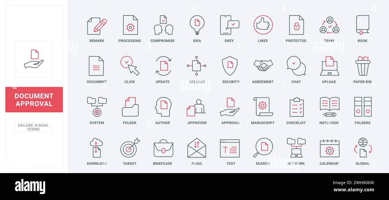Documents approval line icons set. System stamps to release, update and ...