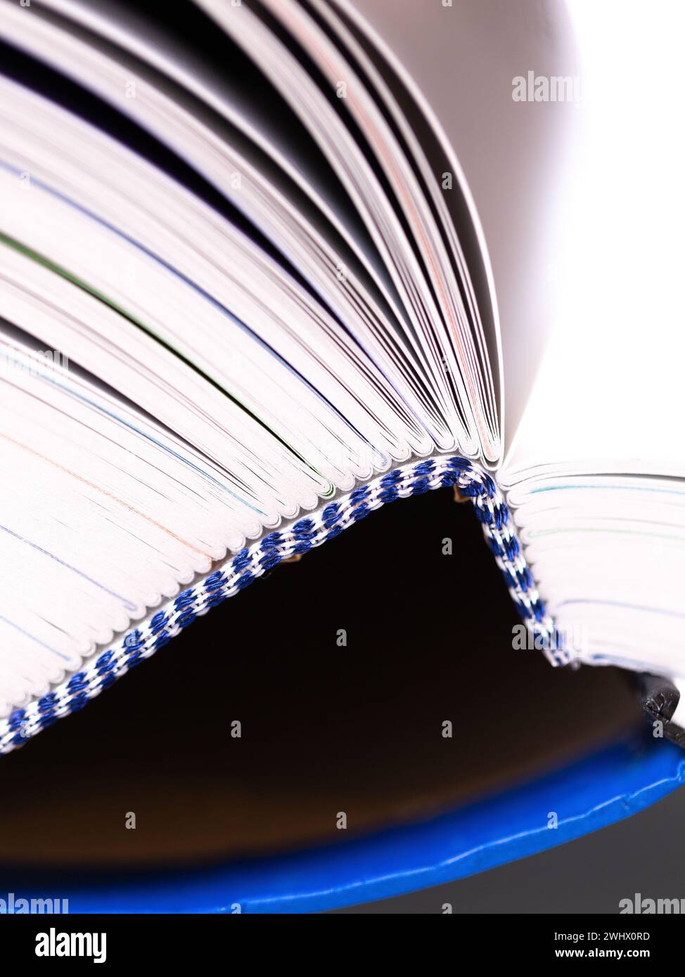 Close-up of an opened book with with a blue hard cover and blue and ...