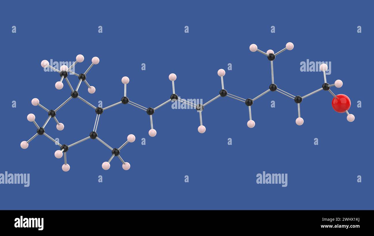 Vitamin A Retinol 3D molecule structure, on blue background, 3D ...