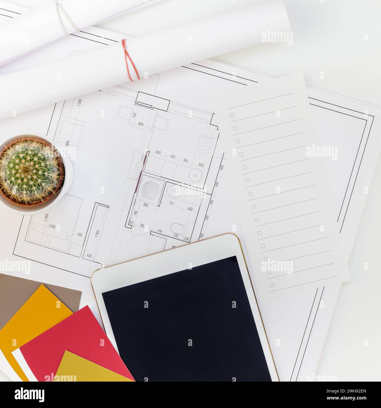 Interior designer table workplace with house plan Stock Photo - Alamy