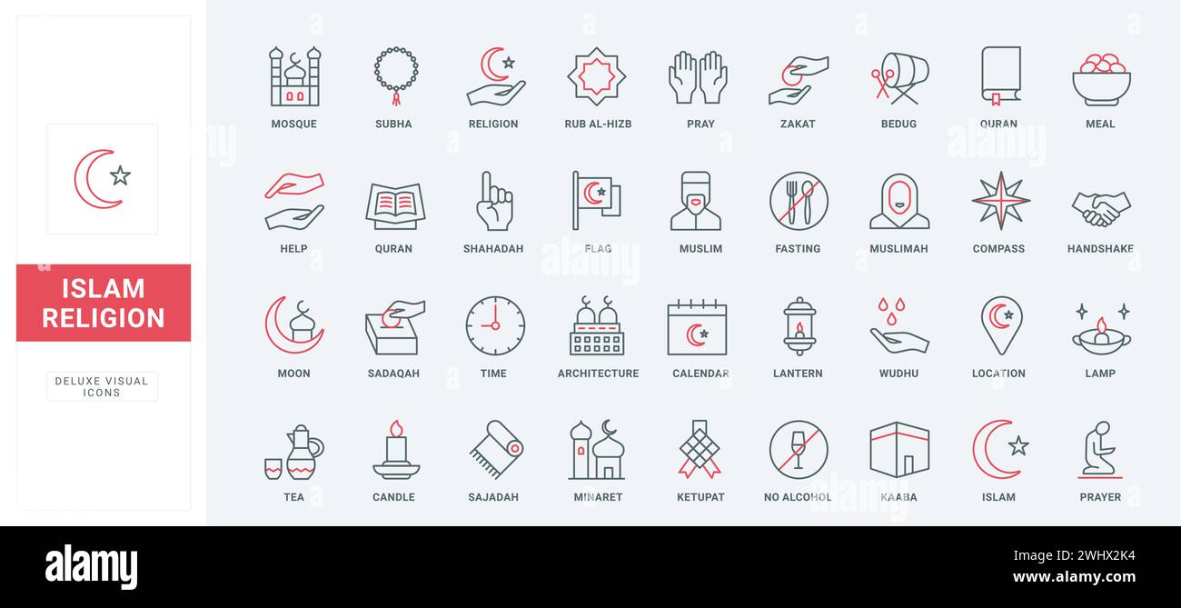 Religion of Islam line icons set. Muslim calendar for fasting, lantern ...