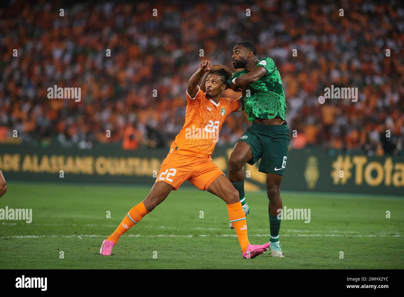 ABIDJAN, IVORY COAST, FRIDAY, FEBRUARY 11, 2024. Aerial Duel Between The NIgerian Semi Ajayi and ...