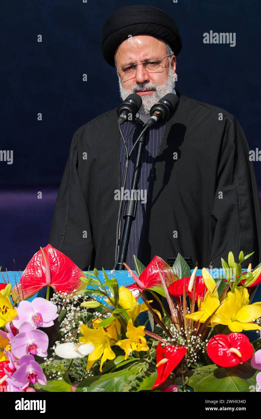 Iranian President Ebrahim Raisi speaks during the 45th anniversary of ...