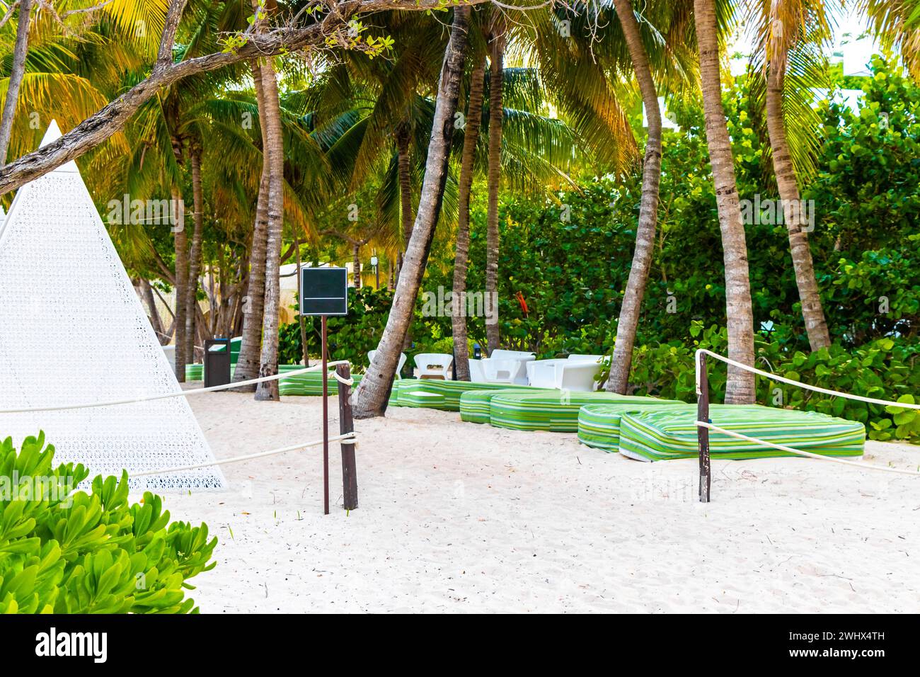 Palapa thatched roofs palm trees parasols umbrellas and sun loungers at ...