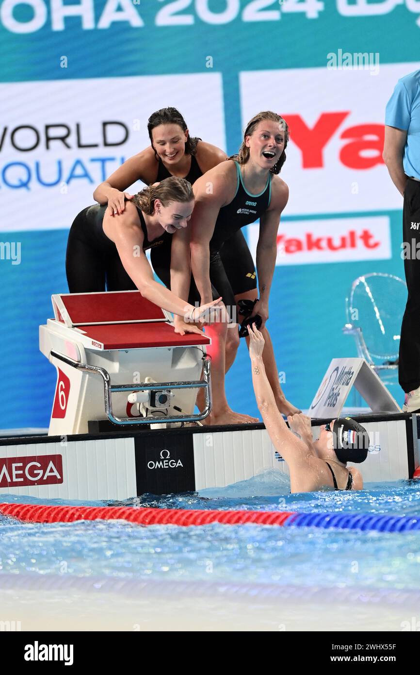 Doha, Qat. 11th Feb, 2024. Team Nederland gold medal womenÕs 4x100 fs ...