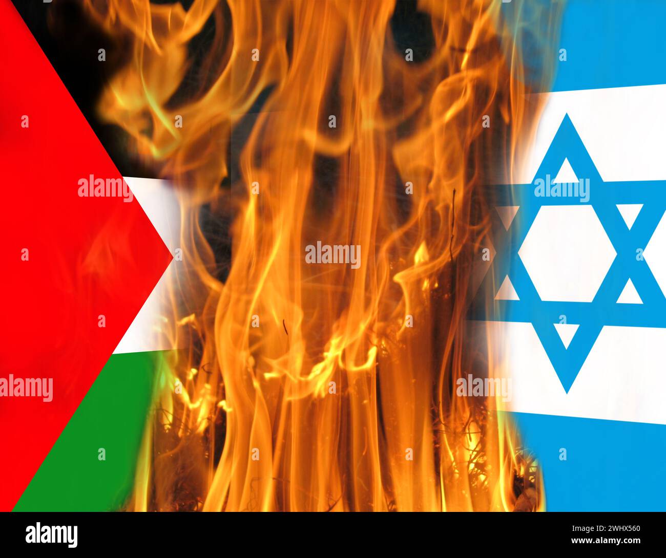 Israeli Palestinian conflict. Flag of Palestine and Israel burning in ...