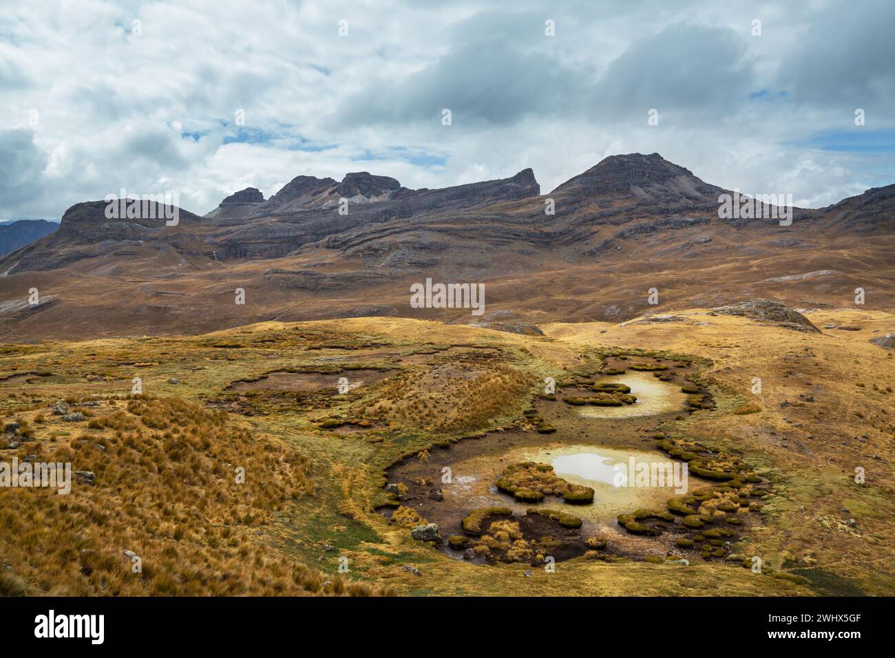 Hiking in the fantastic landscape of the Peruvian high mountain Andes ...