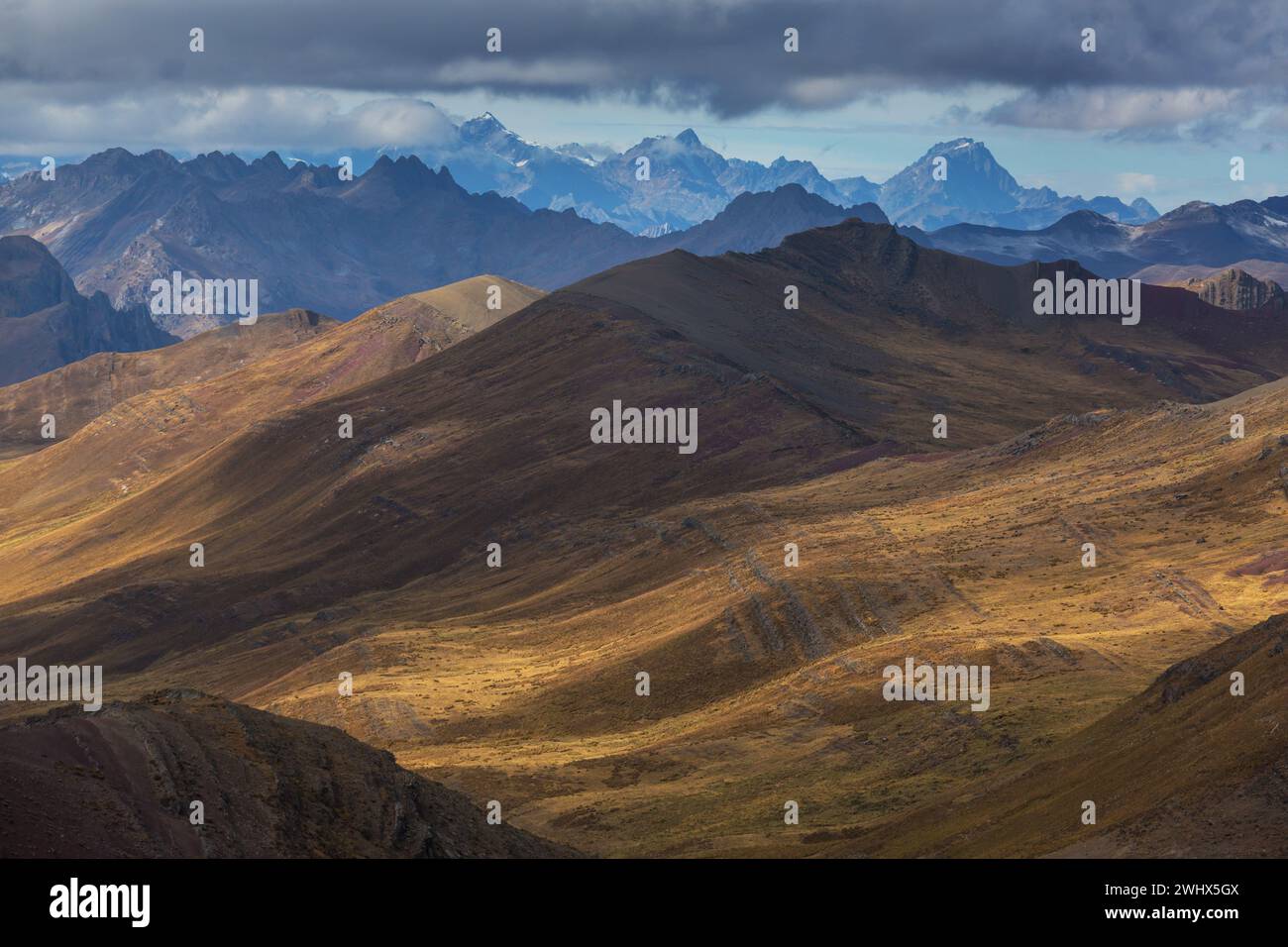 Hiking in the fantastic landscape of the Peruvian high mountain Andes ...