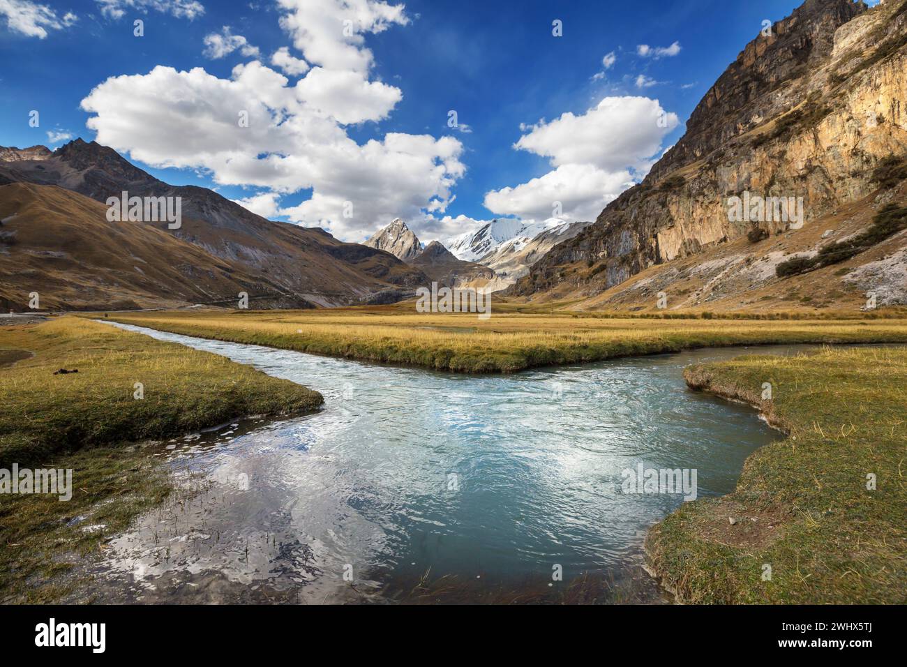 Hiking in the fantastic landscape of the Peruvian high mountain Andes ...