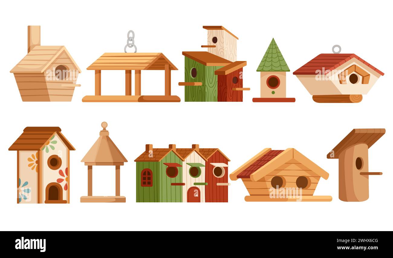 Set of wooden birdhouse with roof and hole vector illustration isolated on white background ...