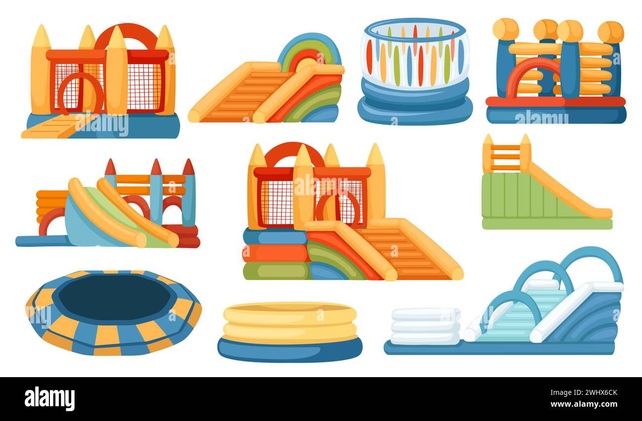 Set of bouncy inflatable castle with tower and safety net vector ...