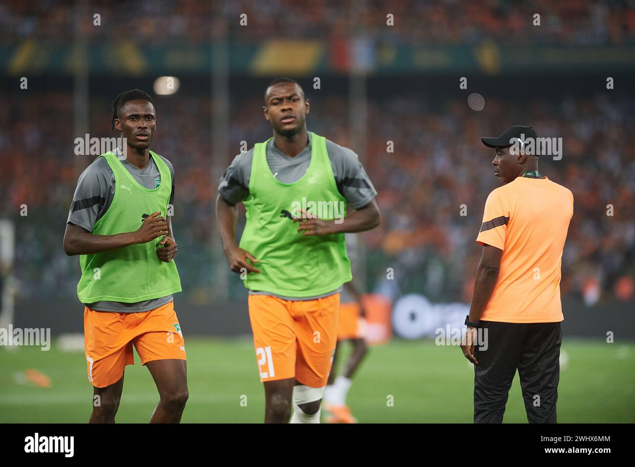 ABIDJAN, IVORY COAST, FRIDAY, FEBRUARY 11, 2024. Ivorians Odilon Kossounou and Evan Ndicka ...