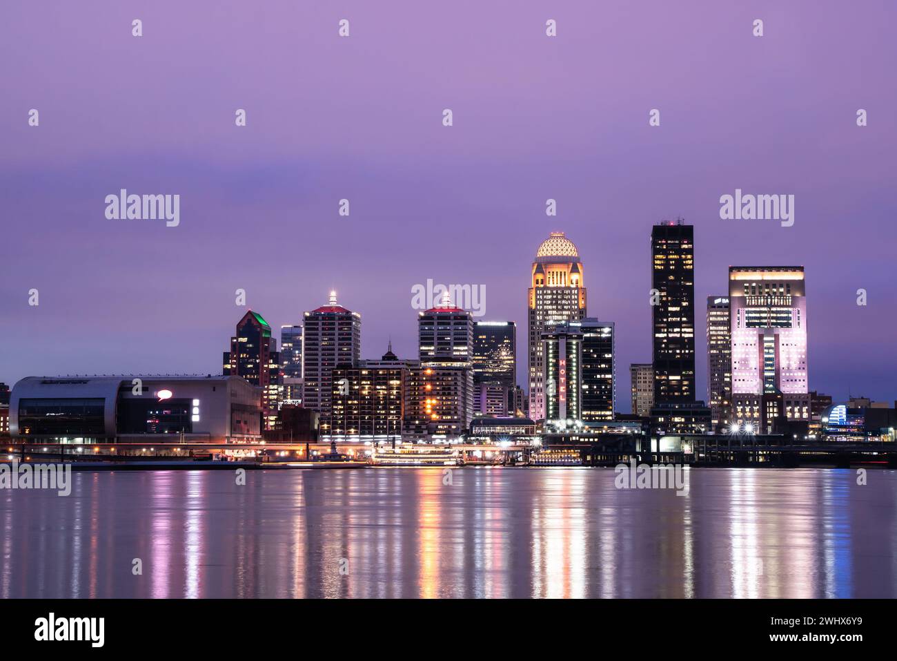 Beautiful sunset night view of Louisville Kentucky Skyline with river ...