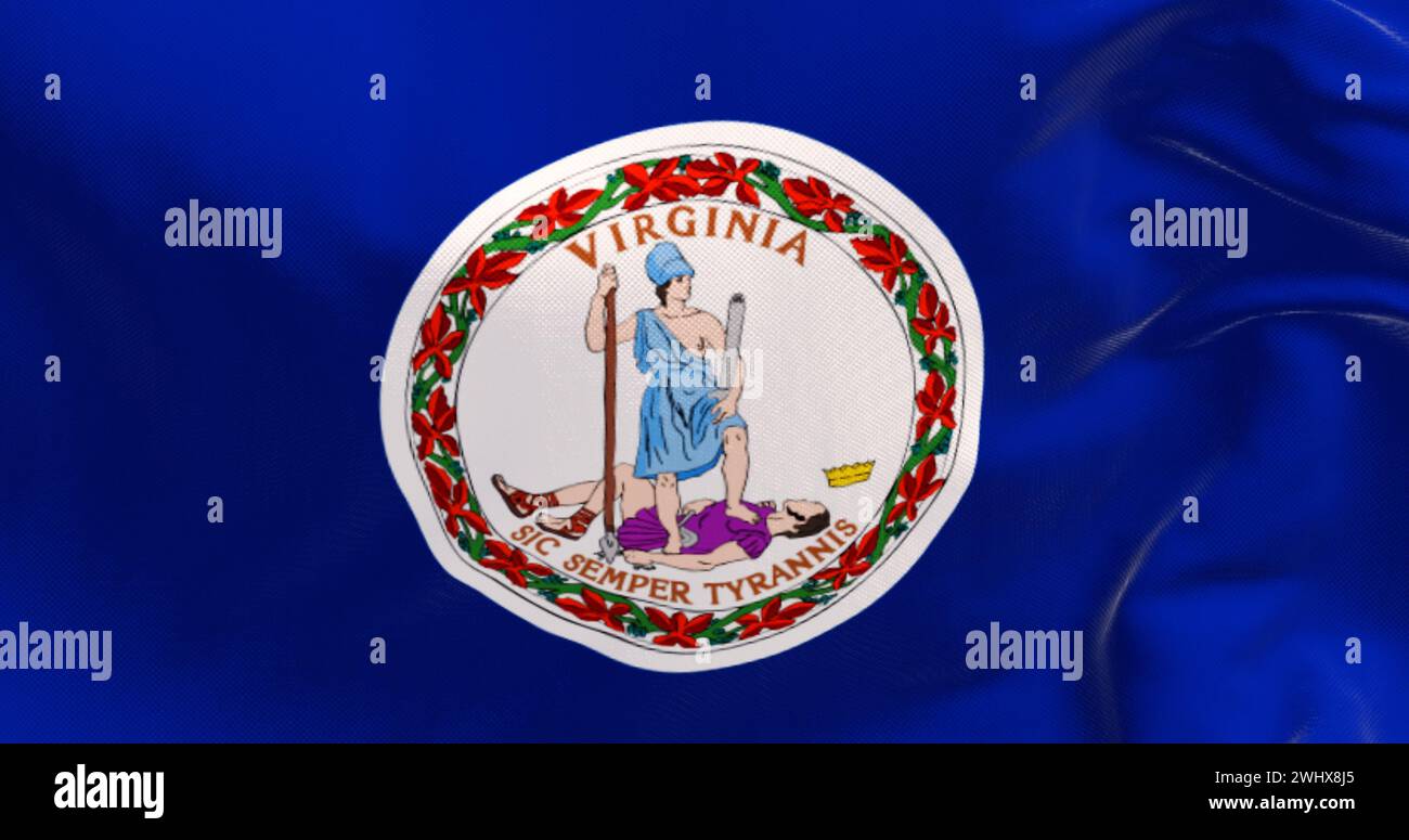 Close-up of Virginia state flag waving in the wind. State seal in the ...