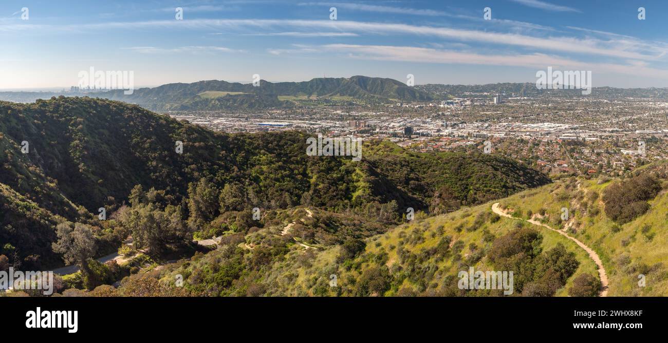 Panoramic mountaintop view of Burbank, CA, from Verdugo Mountains. Los ...