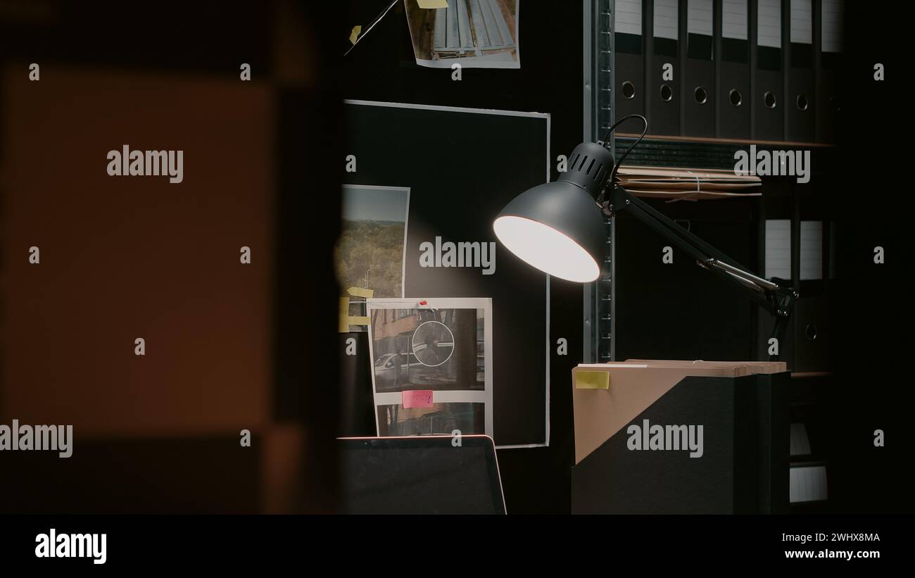 Detective board in private investigation room, surveillance map filled ...