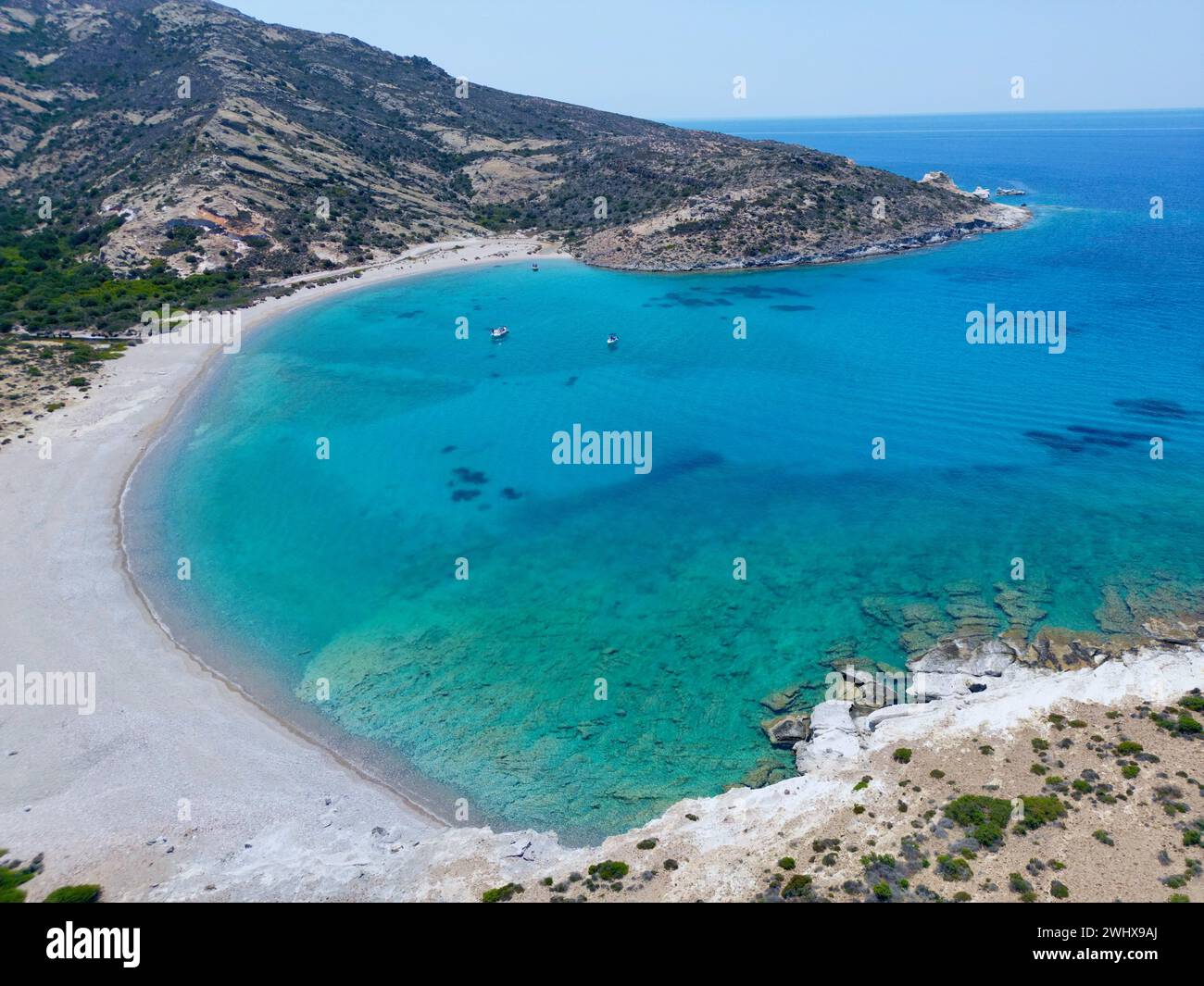 An aerial of the Ano Mersini Beach in Polyaigos, Cyclades, Aegean Sea ...