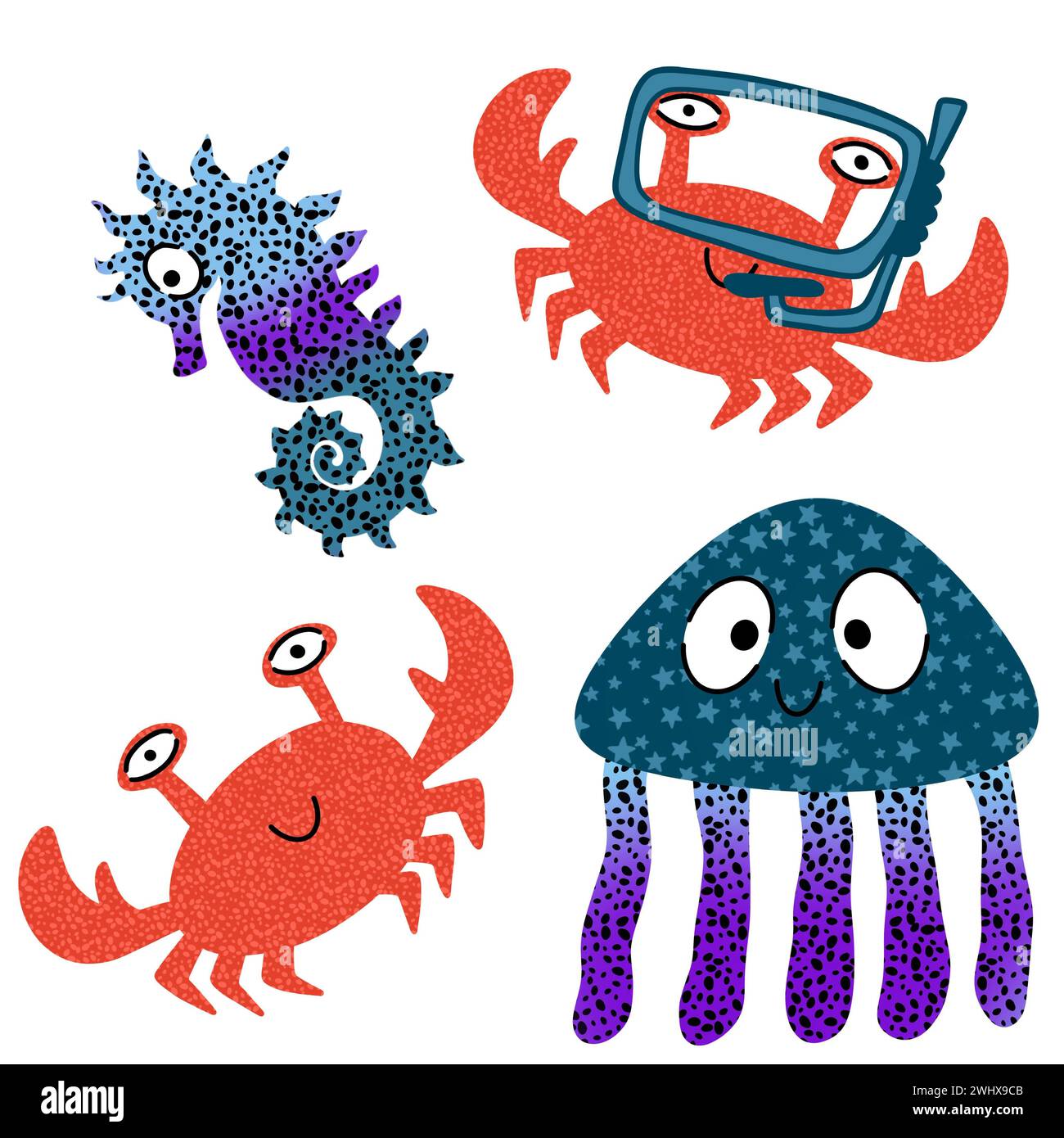 Sea cartoon summer animals set crabs and fish and jellyfish and ...