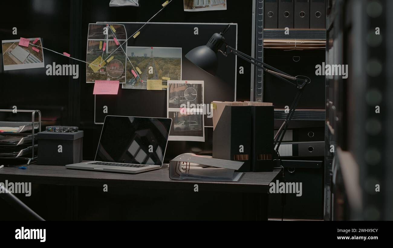 Empty incident room equipped with photos and witness information ...