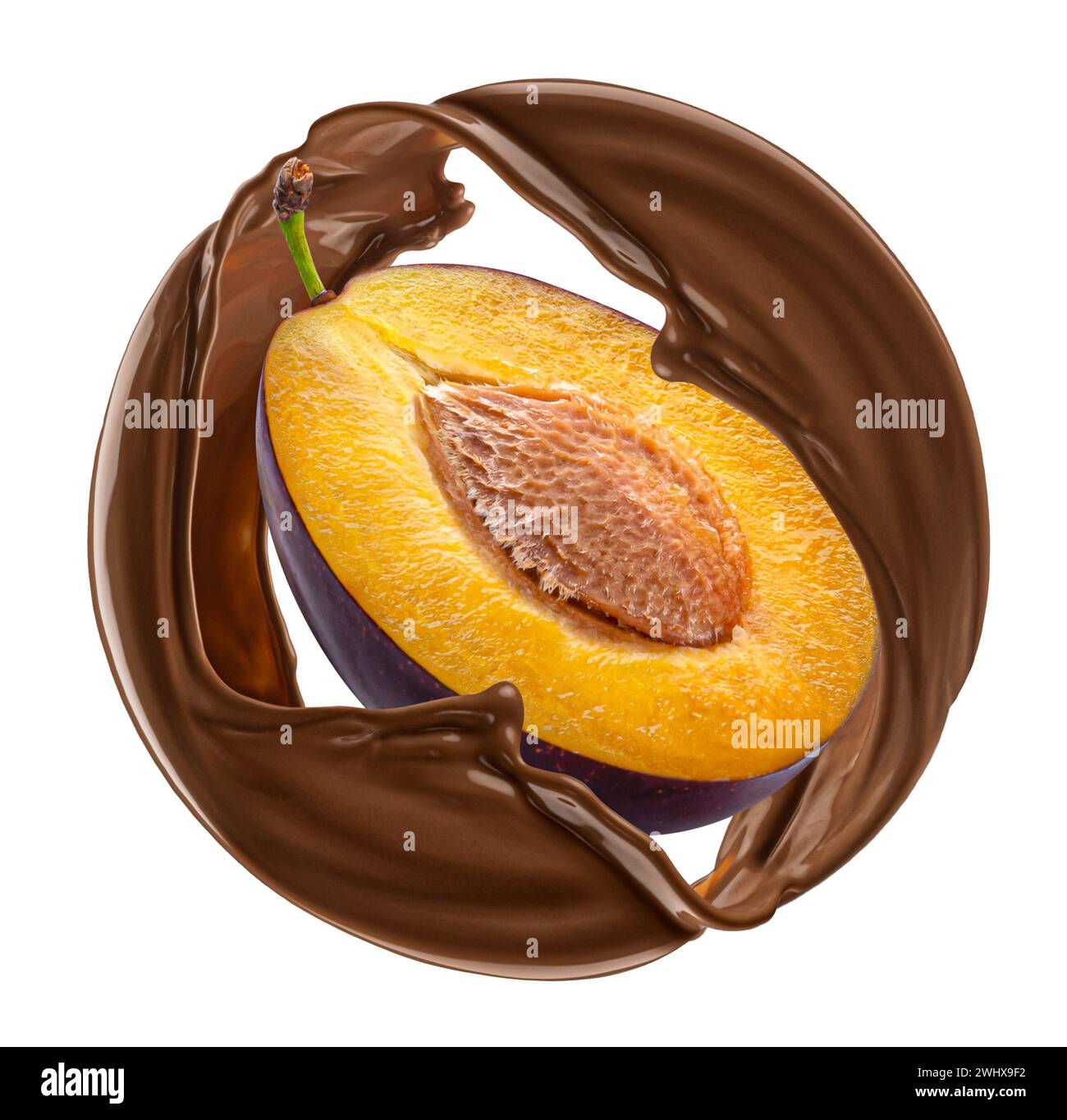 Plum and round chocolate splash isolated on white background Stock ...