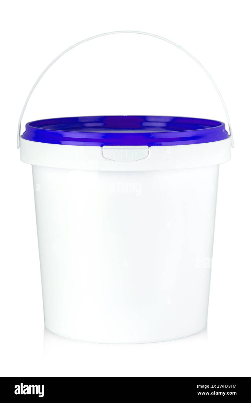 The White plastic bucket with colored lid isolated on a white ...