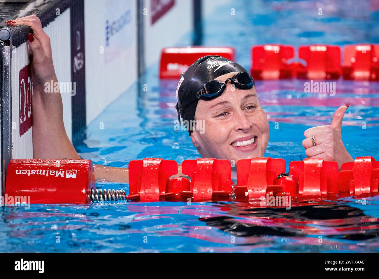 Doha, Qatar. 11th Feb, 2024. Sydney Pickrem of Canada, Kate Douglass of ...