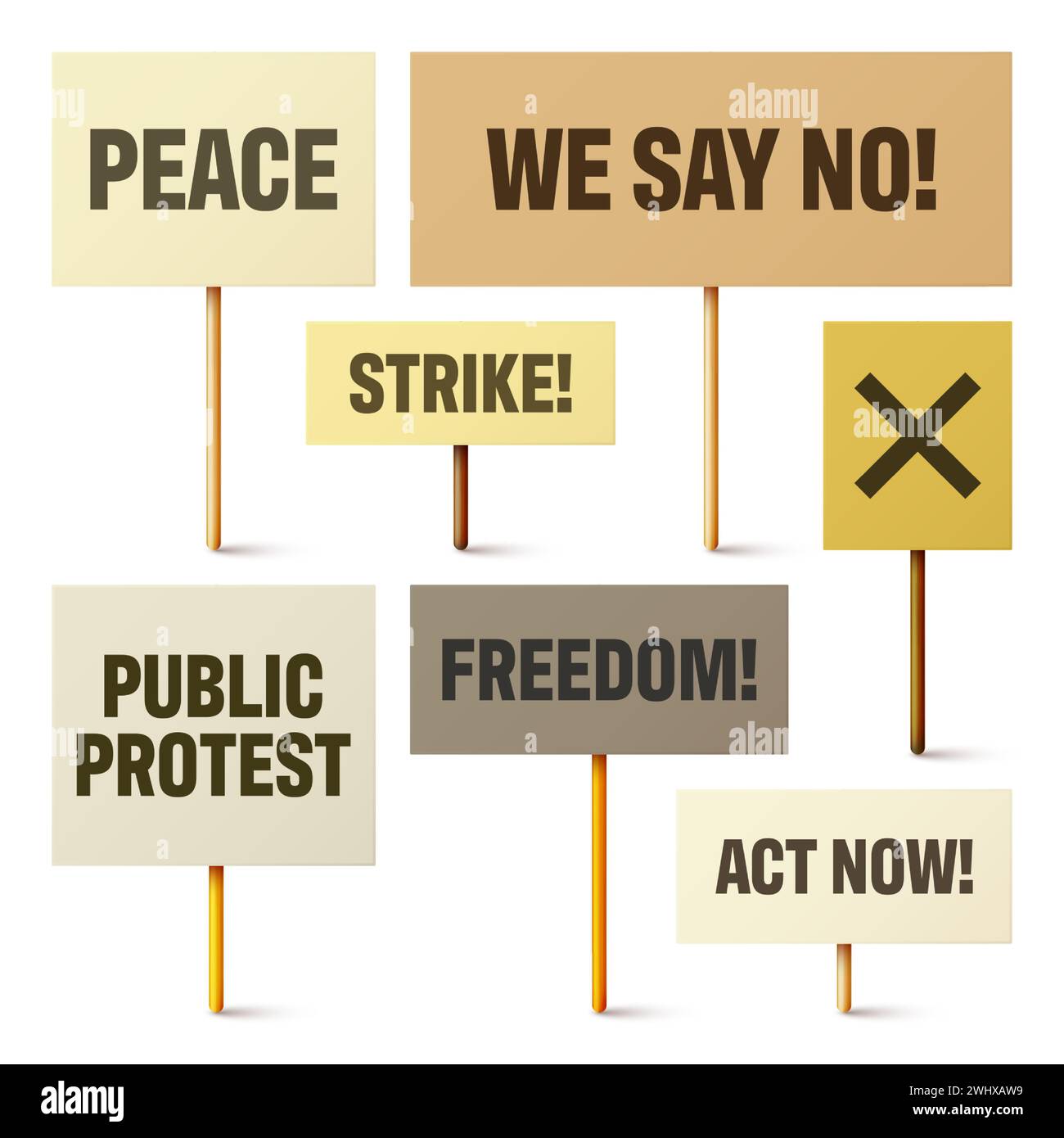 Colorful protest signs with slogan on wooden holder. Realistic vector ...