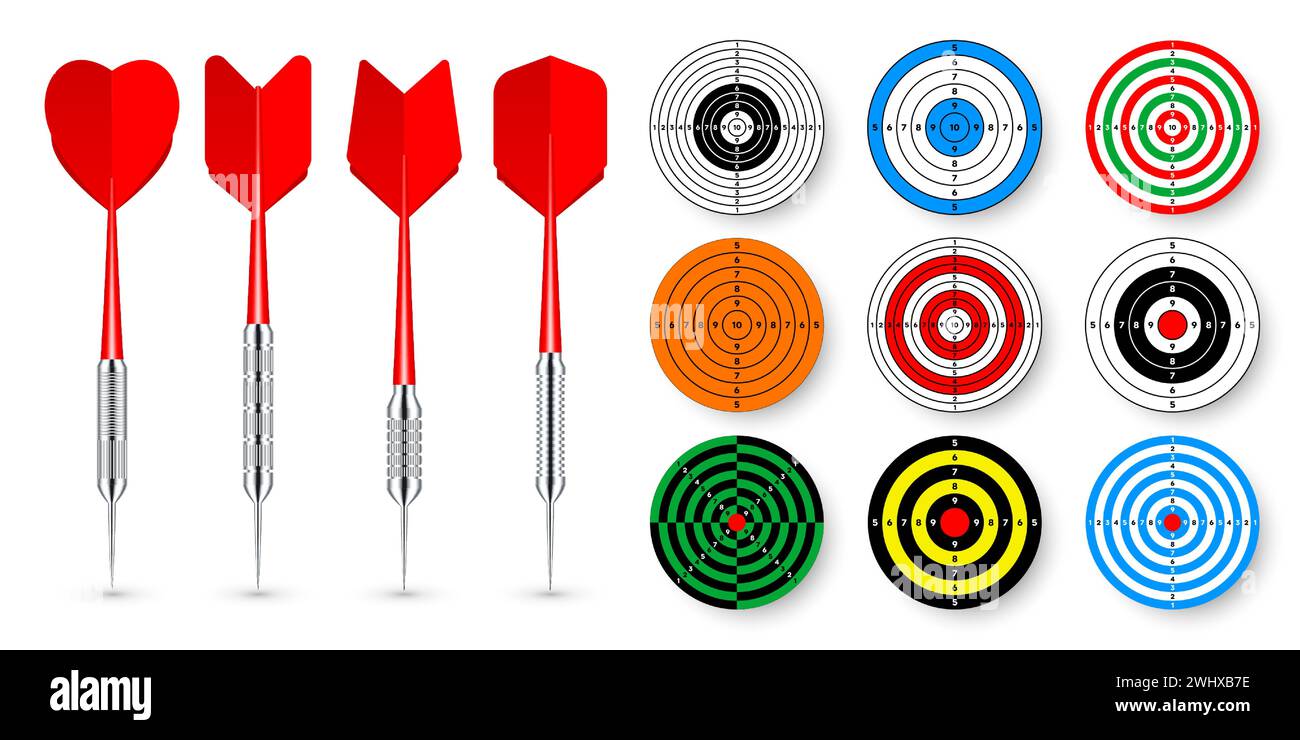 Paper targets with dart arrows and shadows. Shooting range round target ...