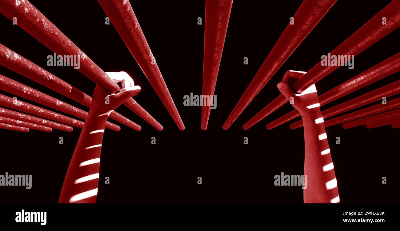Detention, imprisonment. Prison cell and hands holding the bars. 3d ...