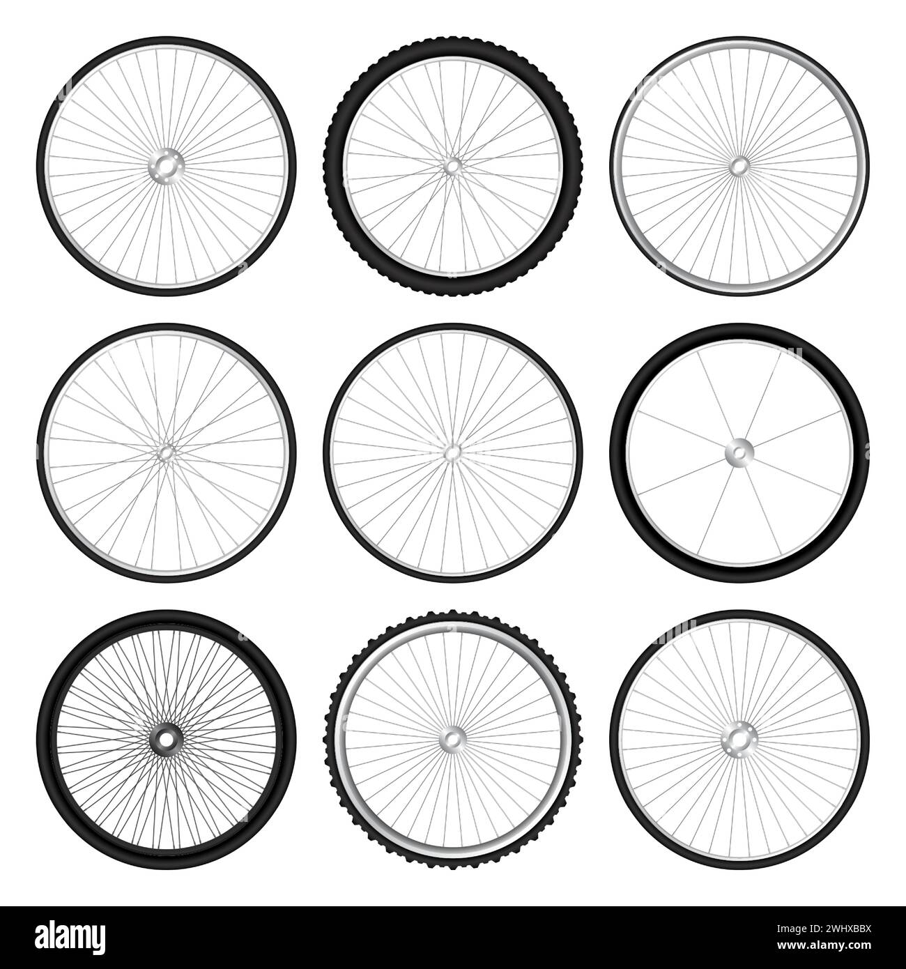 Realistic 3d bicycle wheels. Bike rubber tyres, shiny metal spokes and ...