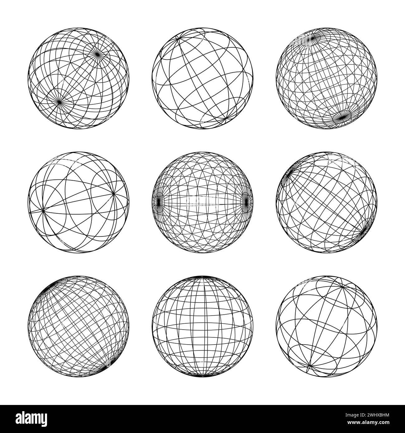 Wireframe shapes, lined sphere. Perspective mesh, 3d grid. Low poly ...
