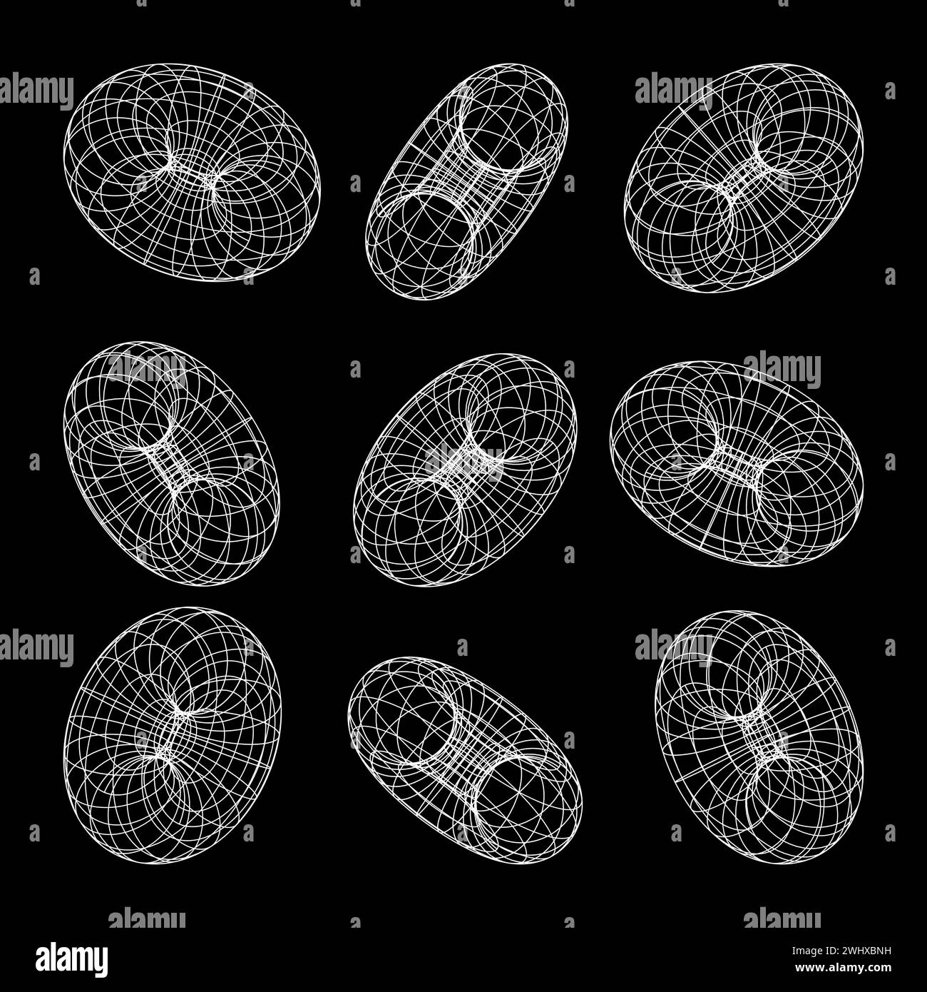 Wireframe shapes, lined torus. Perspective mesh, 3d grid. Low poly geometric elements. Retro ...