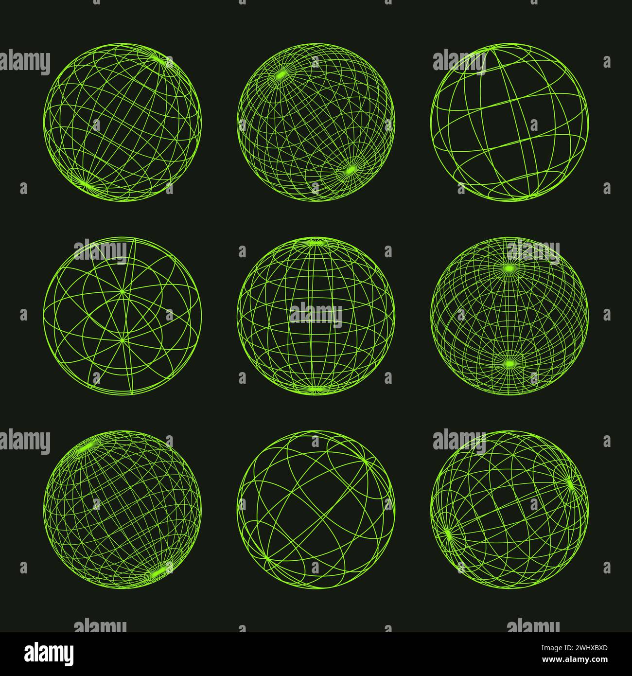 Wireframe shapes, lined sphere. Perspective mesh, 3d grid. Low poly ...