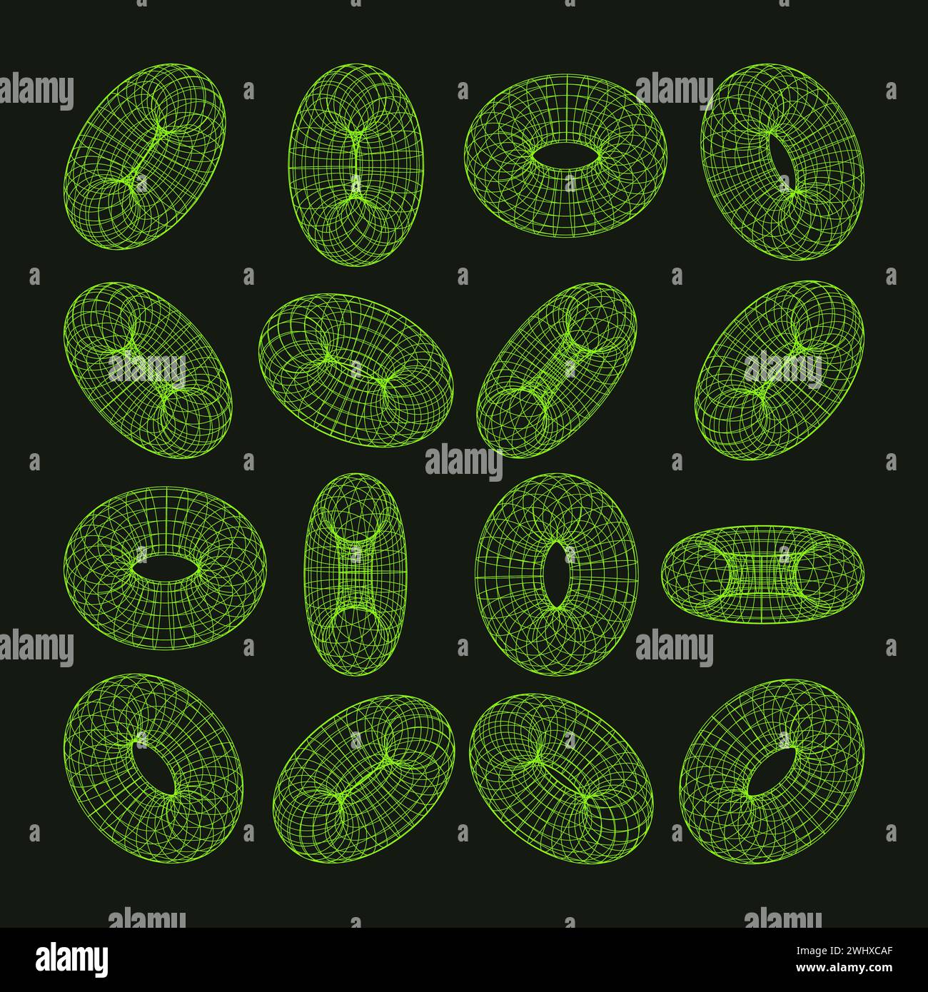 Wireframe shapes, lined torus. Perspective mesh, 3d grid. Low poly ...