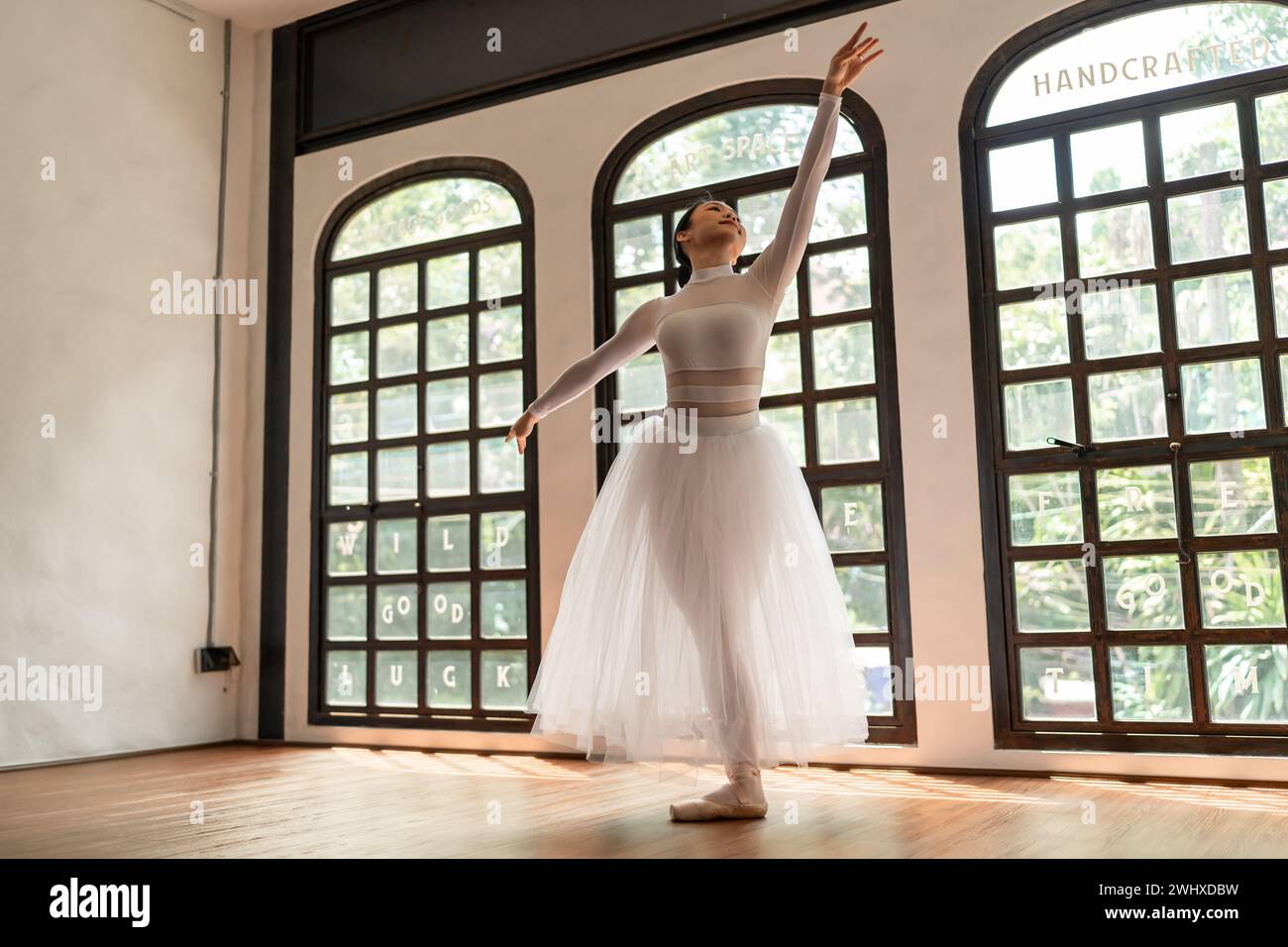 Asian girlÂ ballet dancer creative performance with white skirt ...