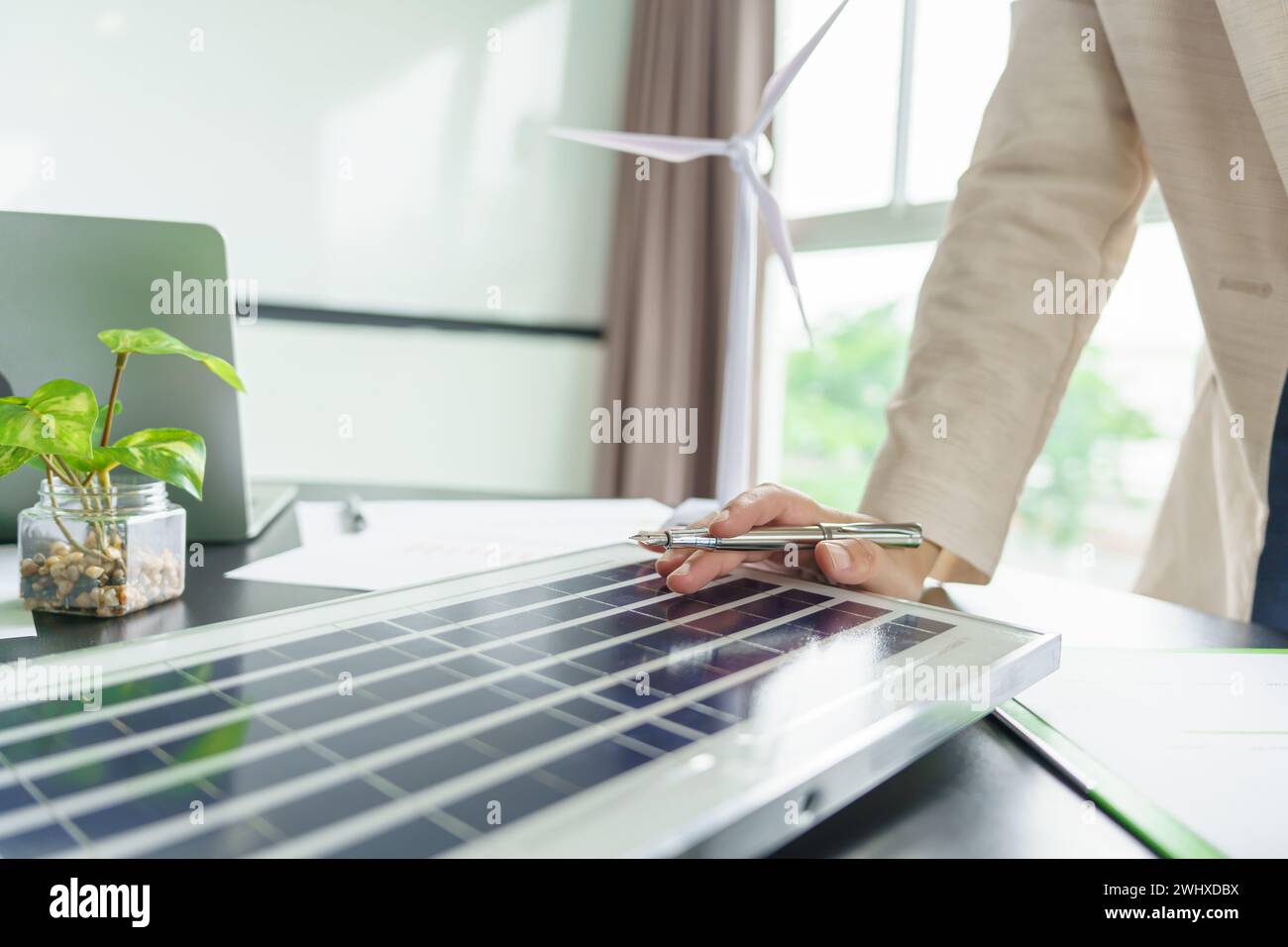Business woman working in green eco friendly modern working space ...