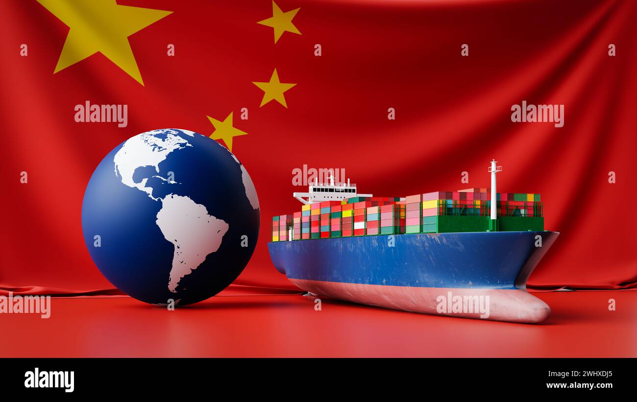 Import and Export Cargo Ships and China's Economic Background. 3d ...