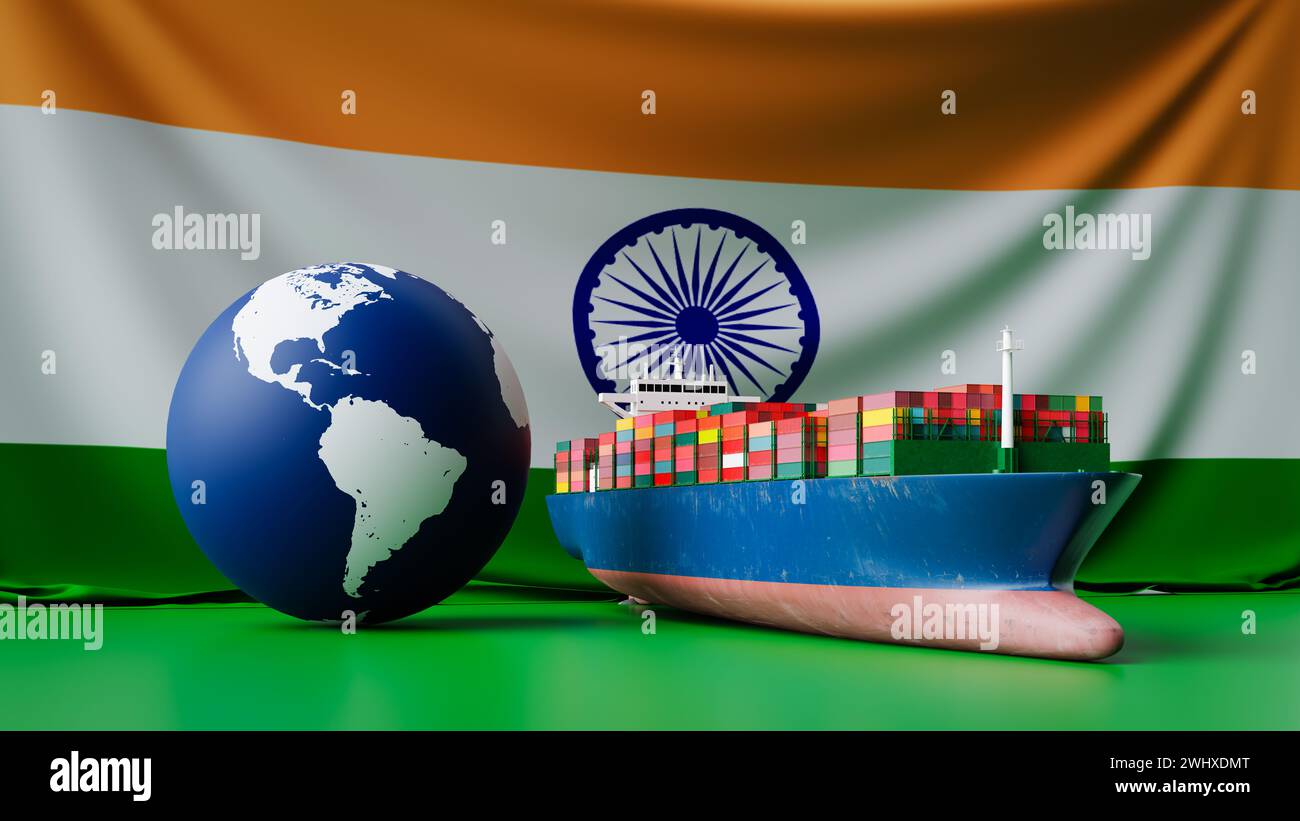 Import and Export Cargo Ships and India's Economic Background. 3d ...