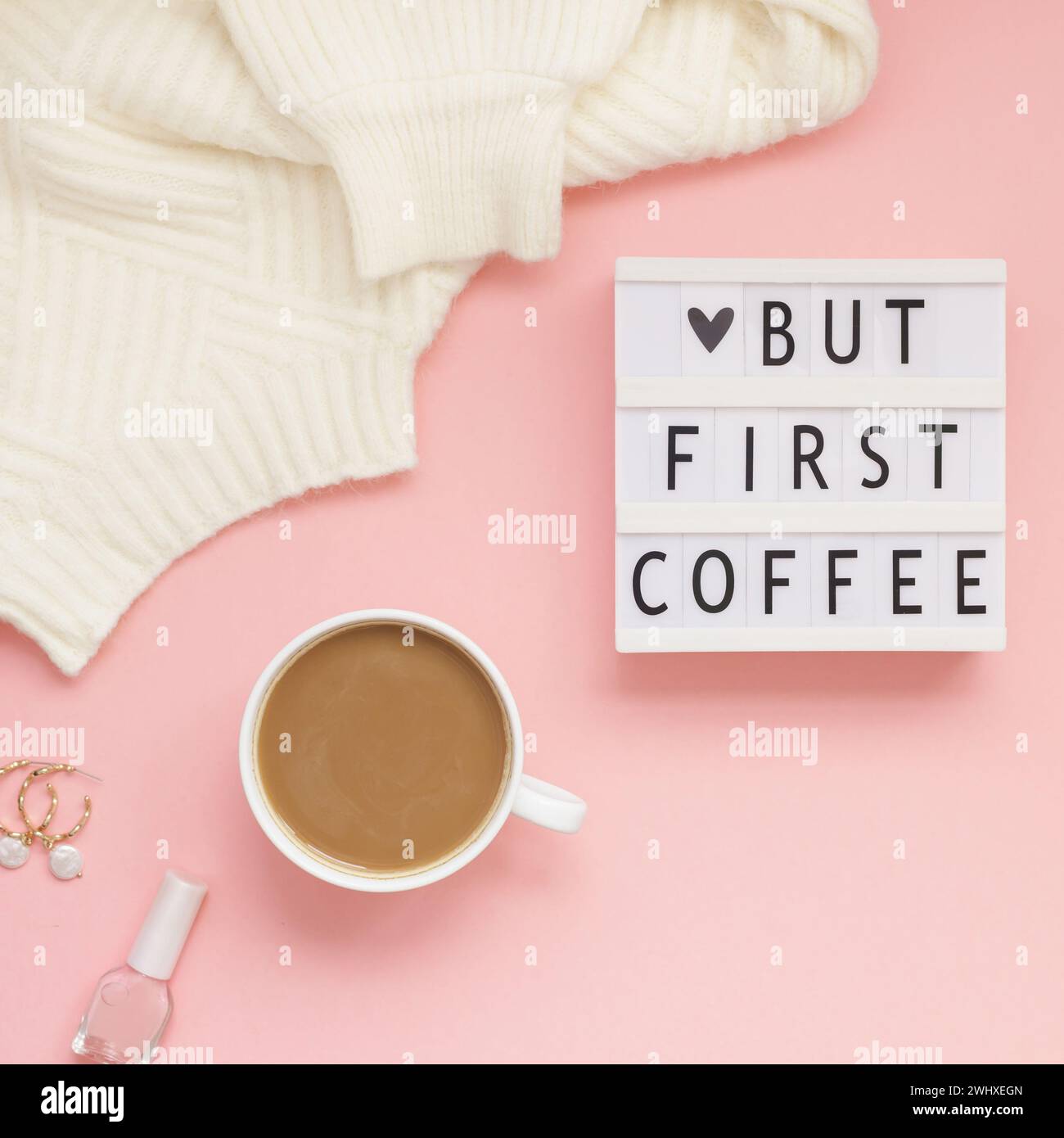 But first coffee text on lightbox with Coffee Cup Stock Photo - Alamy