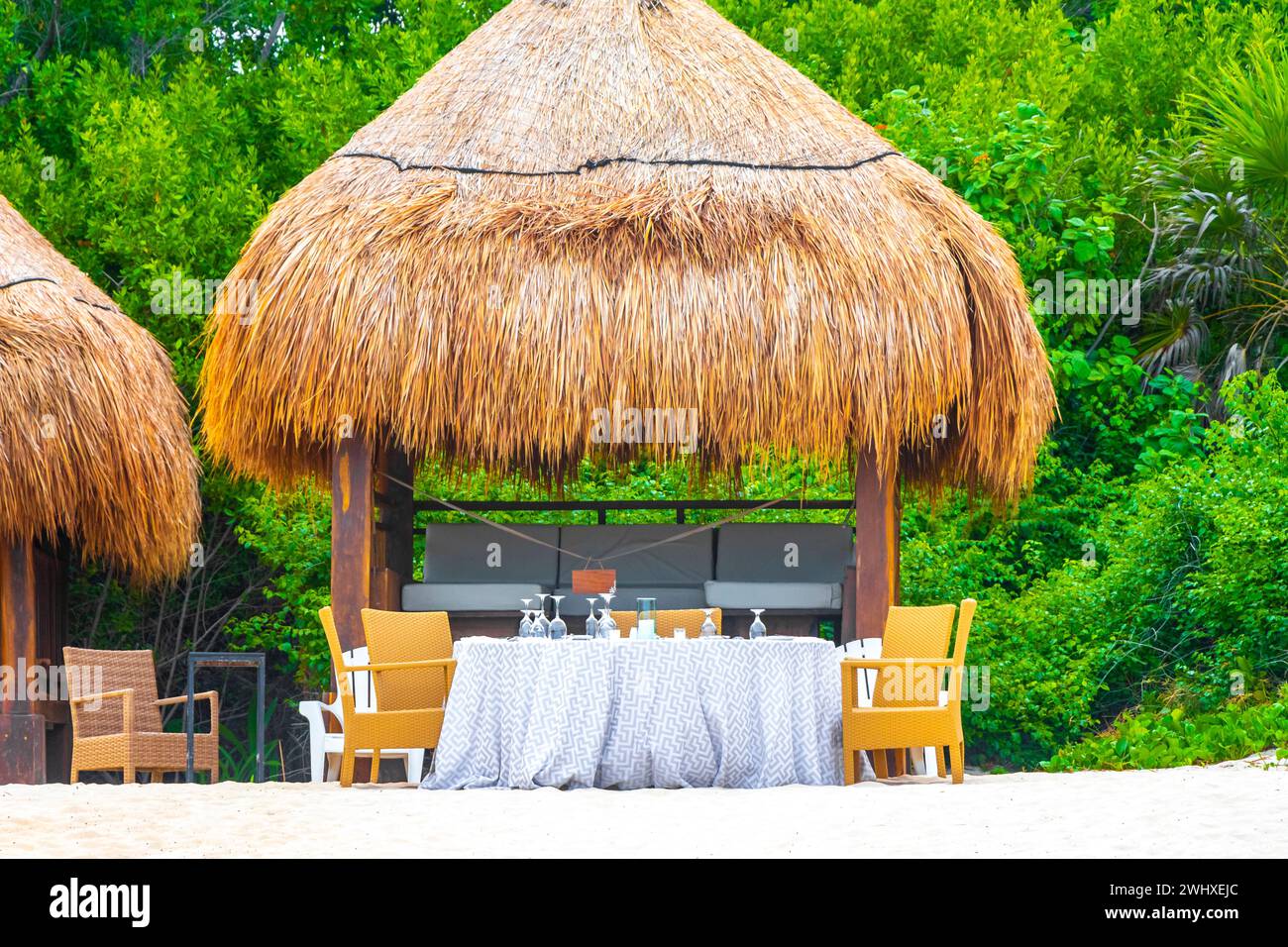 Palapa thatched roofs palm trees parasols umbrellas and sun loungers at ...