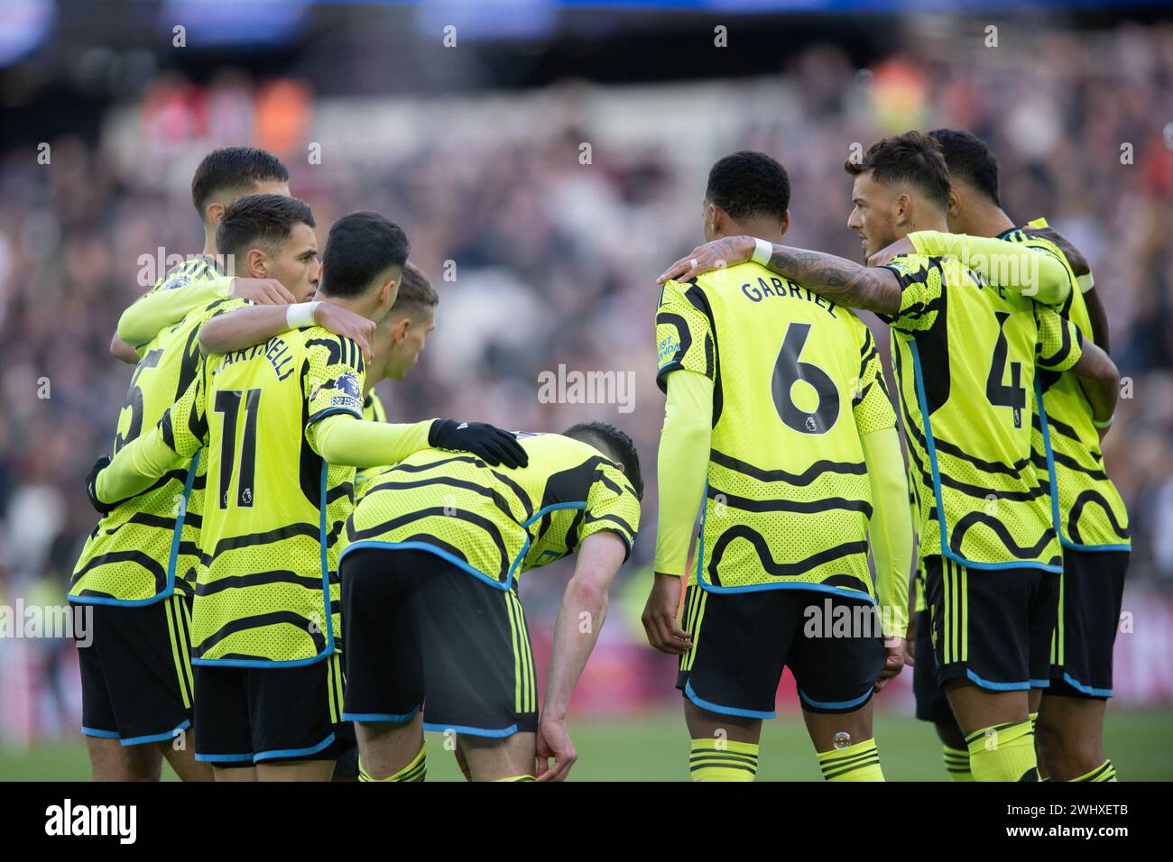 London, UK. 11th Feb, 2024. Arsenal FC huddle before the Premier League ...